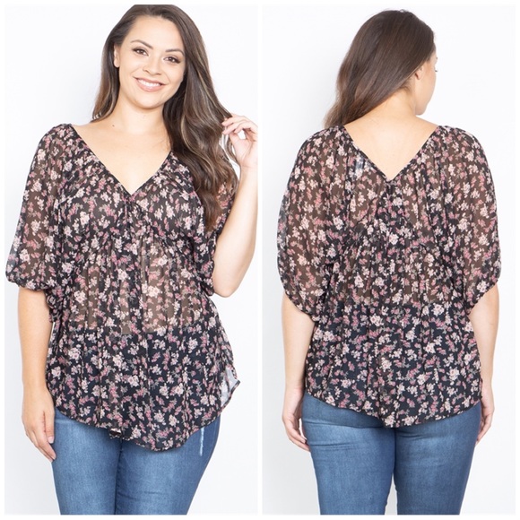 Butterfly Dsigns | Tops | Plus Size Chiffon Floral Blouse With Flutter ...